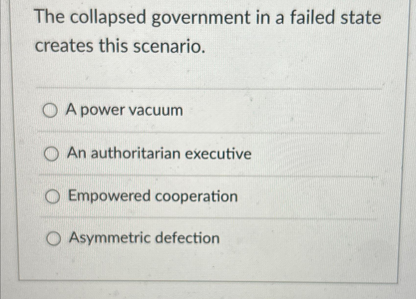Solved The collapsed government in a failed state creates | Chegg.com