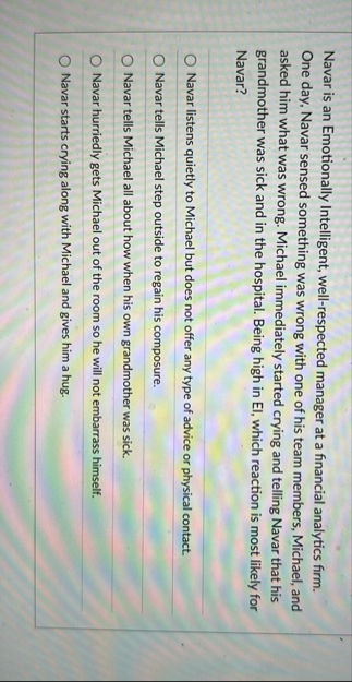 Solved Navar is an Emotionally Intelligent, well-respected | Chegg.com