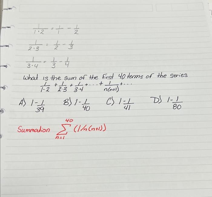 Solved 1⋅21=11−212⋅31=21−313⋅41=31−41 What is the sum of the | Chegg.com