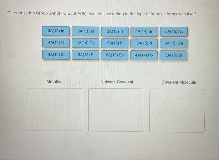 Solved Categorize the Group 3A(13) - Group5A(15) elements | Chegg.com