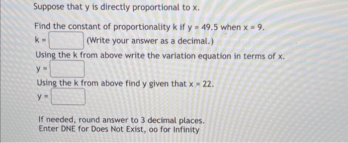 Solved Suppose that y is directly proportional to x. Find | Chegg.com