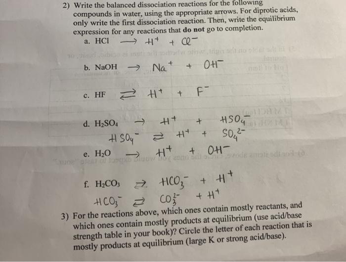 Solved 2) Write the balanced dissociation reactions for the | Chegg.com