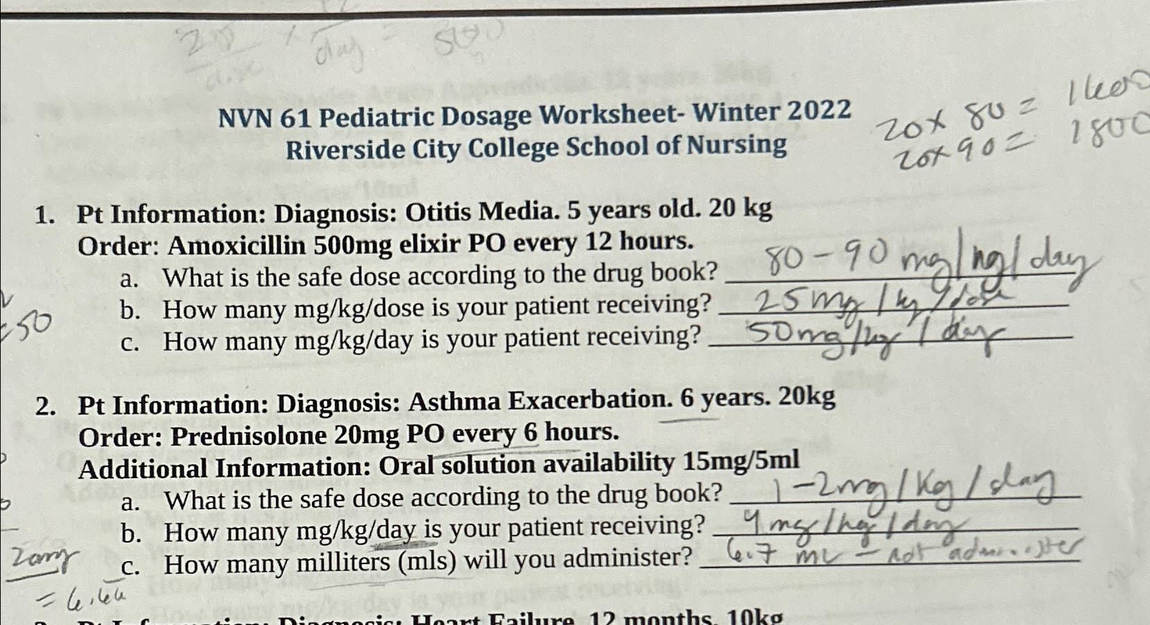 Solved NVN 61 ﻿Pediatric Dosage Worksheet- ﻿Winter | Chegg.com
