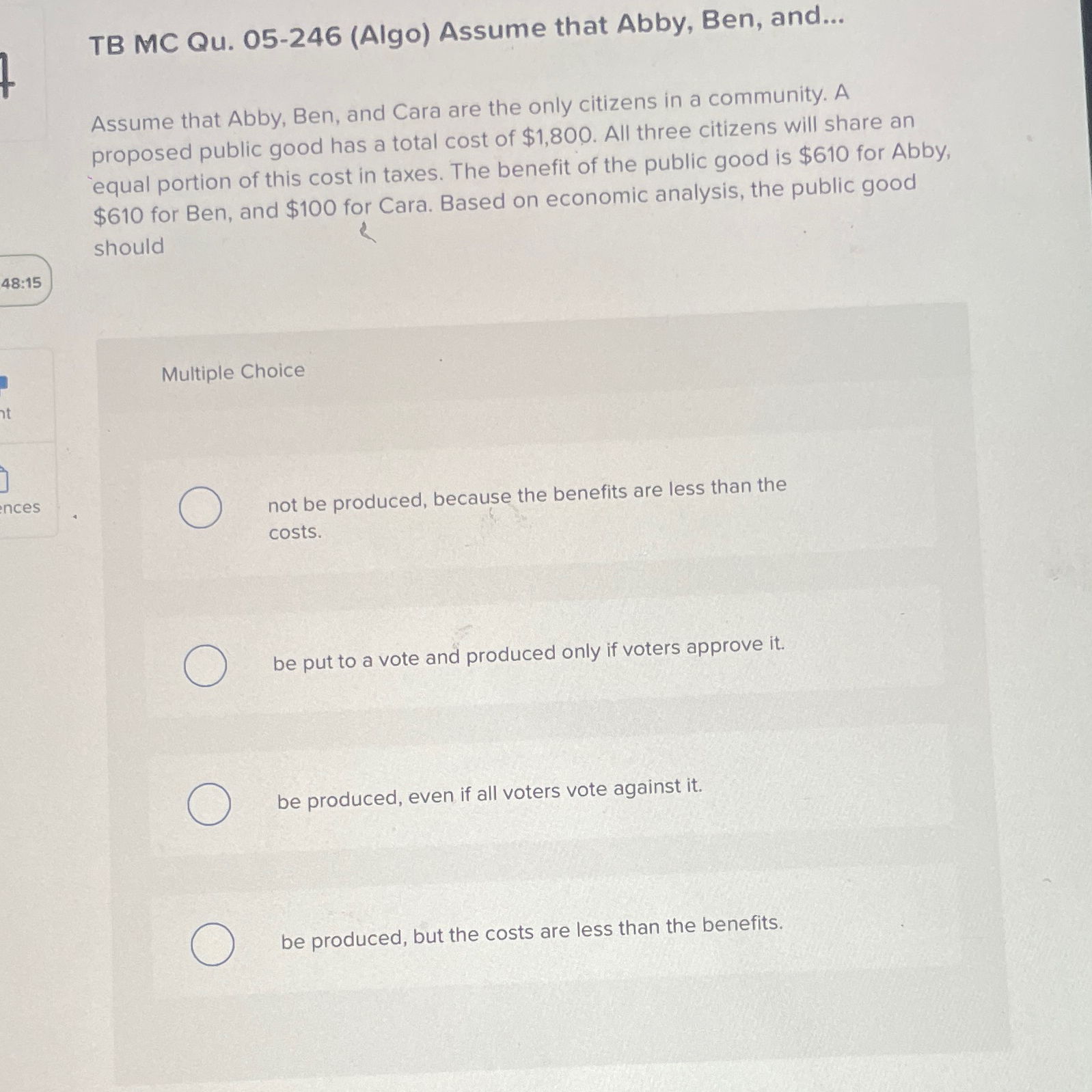 Solved TB MC Qu. 05-246 (Algo) ﻿Assume that Abby, Ben, | Chegg.com