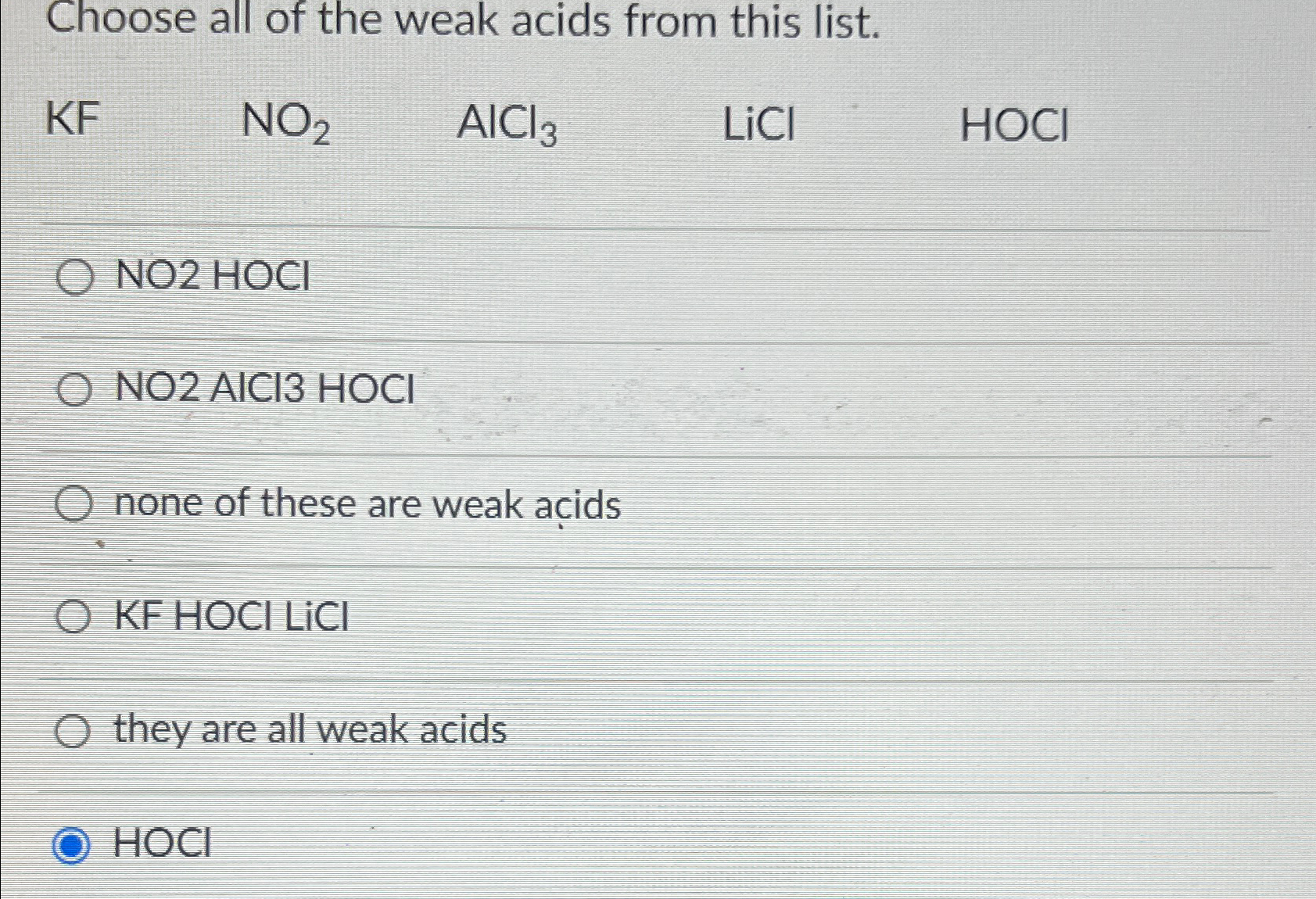 Solved Choose all of the weak acids from this | Chegg.com