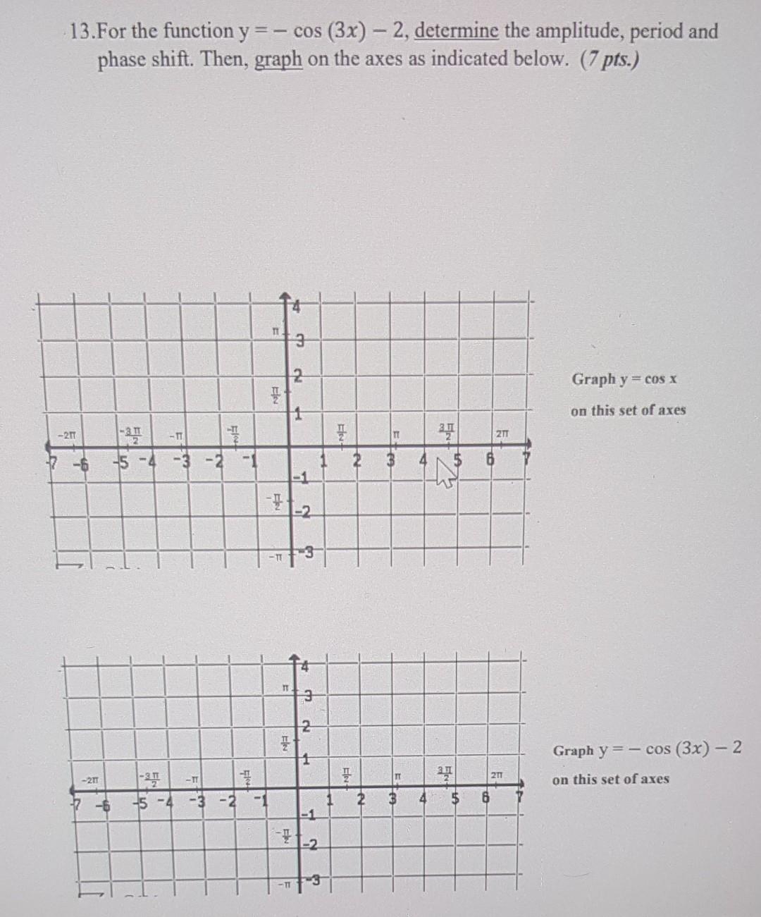 Solved 13. For the function y=−cos(3x)−2, determine the | Chegg.com