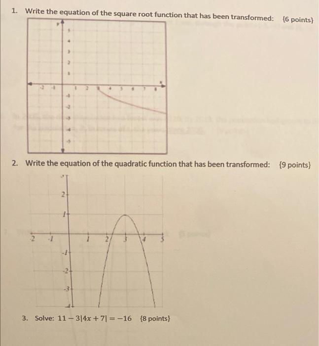 Solved 1. Write the equation of the square root function | Chegg.com