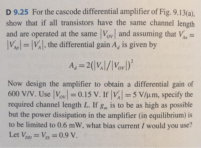 Solved D 9.25 For the cascode differential amplifier of Fig. | Chegg.com