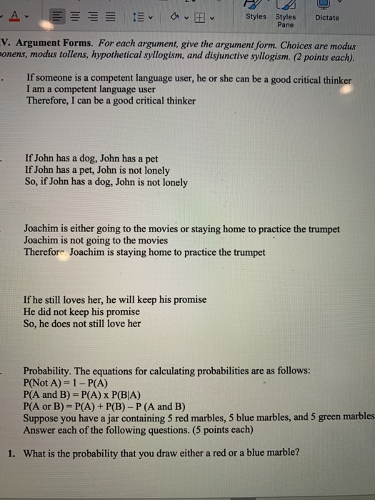 Solved Styles Styles Pane Dictate V. Argument Forms. For | Chegg.com