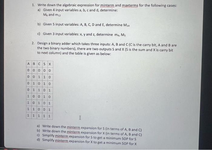Solved 1. Write down the algebraic expression for minterm | Chegg.com