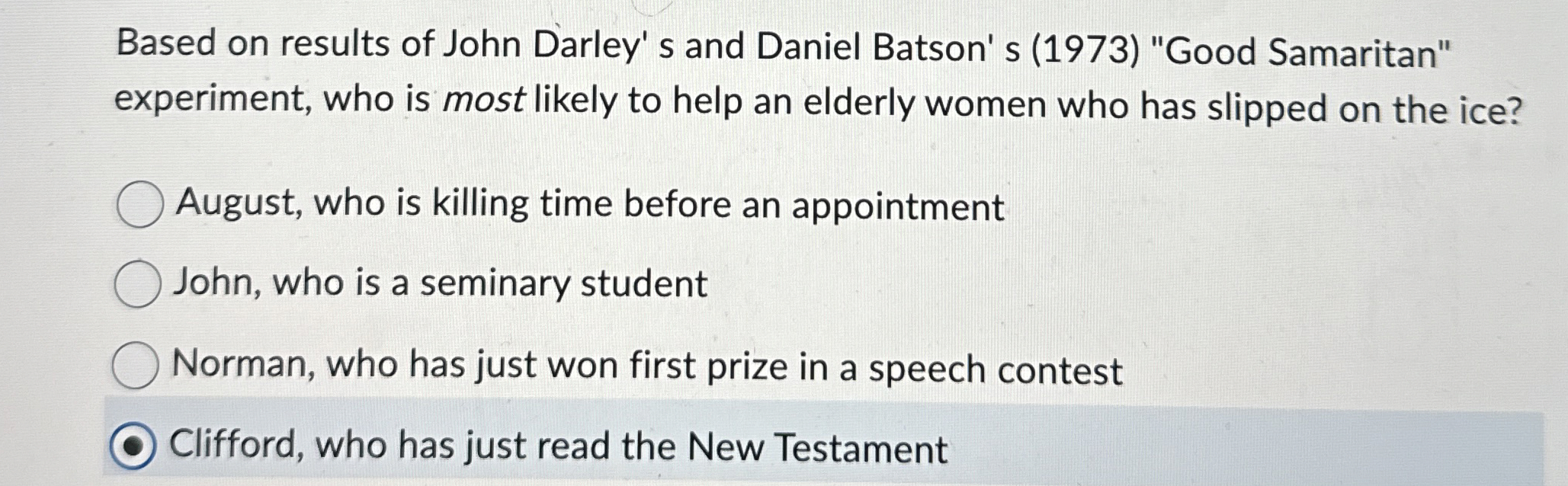 Solved Based on results of John Darley' s and Daniel Batson' | Chegg.com