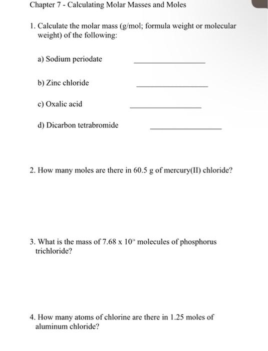 Solved Chapter 7 - Calculating Molar Masses and Moles 1. | Chegg.com