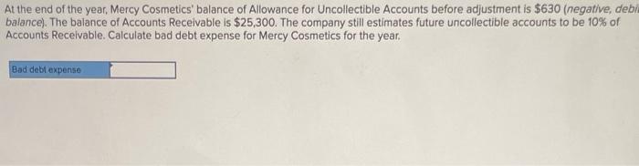 Solved At the end of the year, Mercy Cosmetics' balance of | Chegg.com