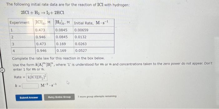 Solved The following initial rate data are for the reaction | Chegg.com