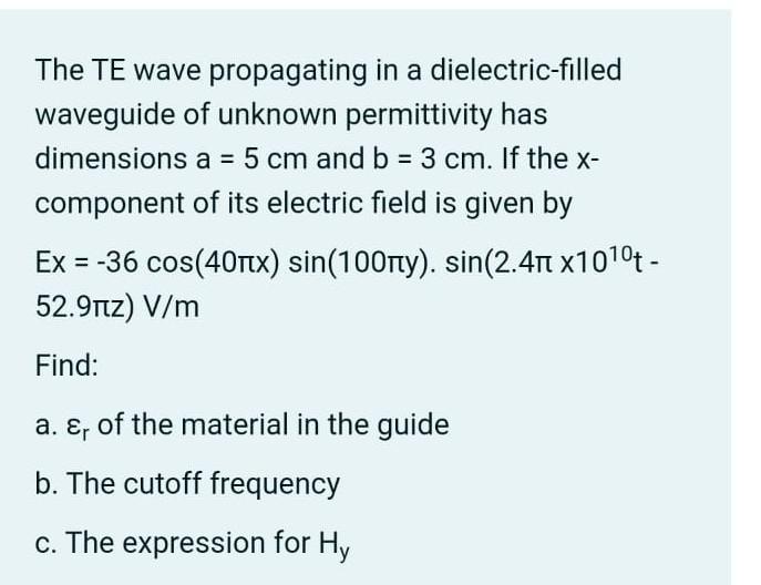 Solved = The TE wave propagating in a dielectric-filled | Chegg.com