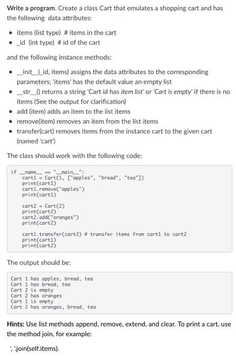 Solved Write A Program Create A Class Cart That Emulates A