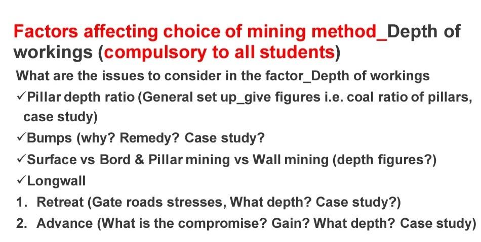 Solved Factors affecting choice of mining method_Depth of | Chegg.com