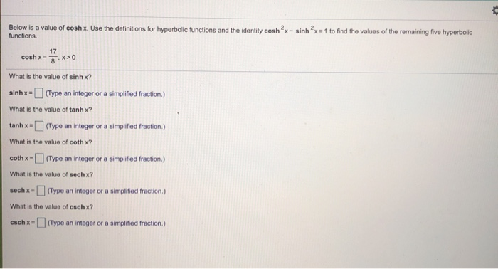 Solved Below is a value of cosh x. Use the definitions for | Chegg.com