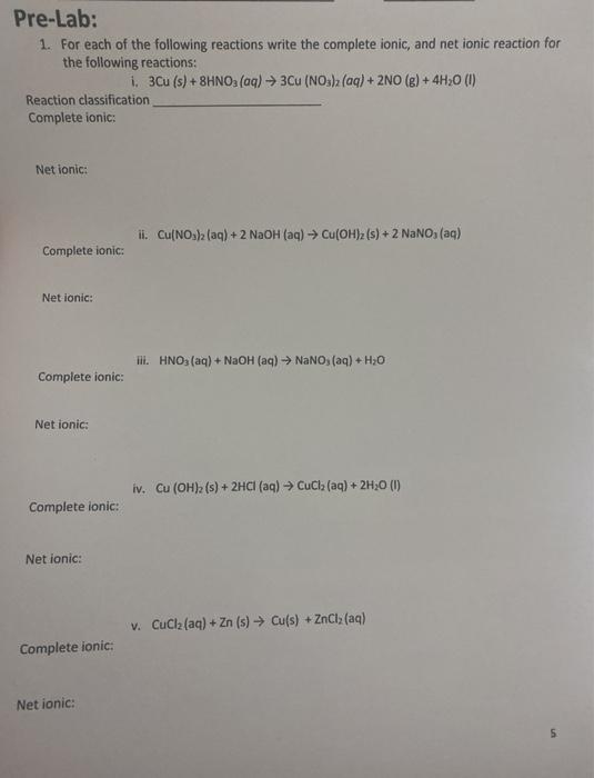 Solved Pre Lab 1 For Each Of The Following Reactions Write