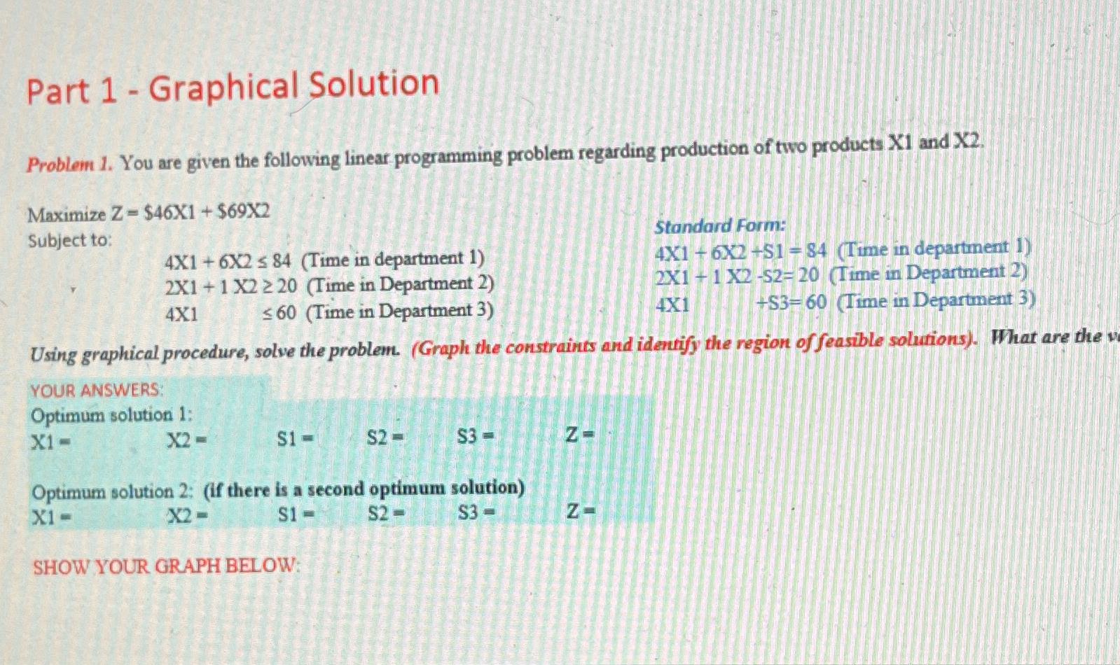 Solved Part 1 - ﻿Graphical SolutionProblem 1. ﻿You are given | Chegg.com