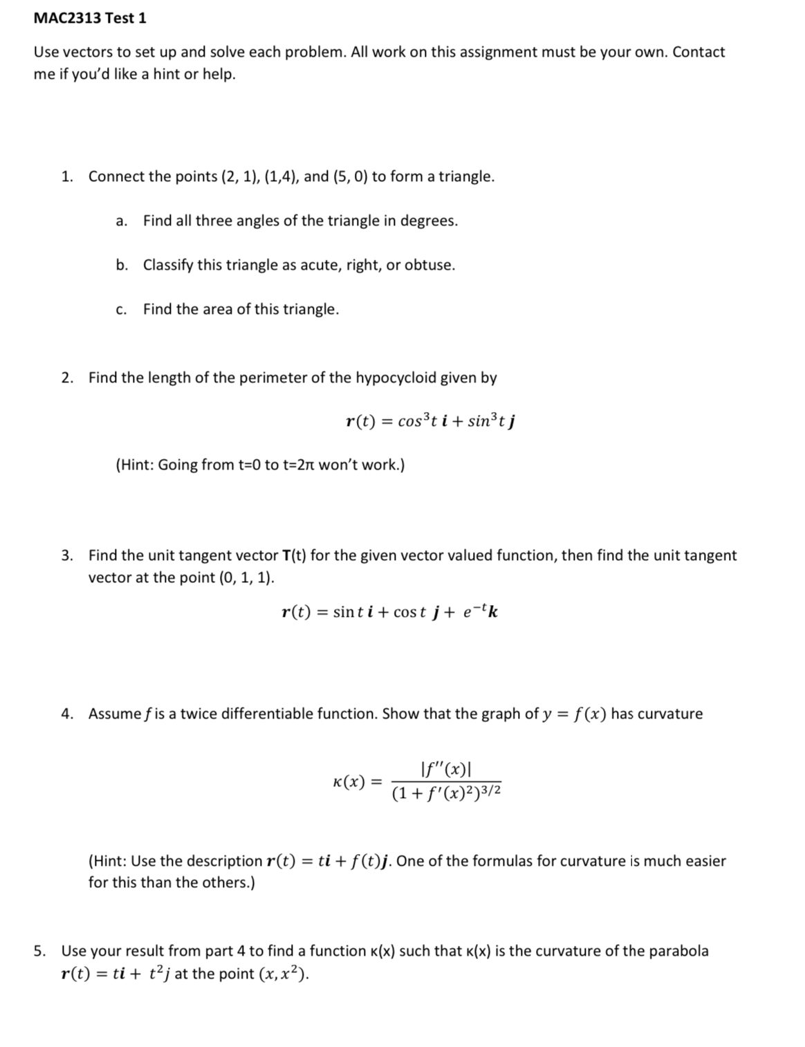 Solved MAC2313 ﻿Test 1Use vectors to set up and solve each | Chegg.com