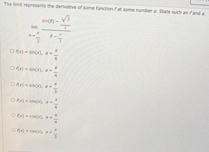 Solved The limit represents the derivative of some function | Chegg.com