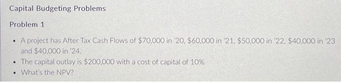 Solved Capital Budgeting Problems Problem 1 - A project has | Chegg.com