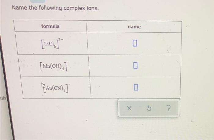 Solved dis Name the following complex ions. formula [Tici] | Chegg.com