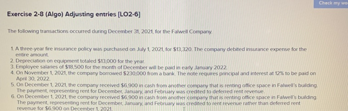 Solved Check my wo Exercise 2-8 (Algo) Adjusting entries | Chegg.com