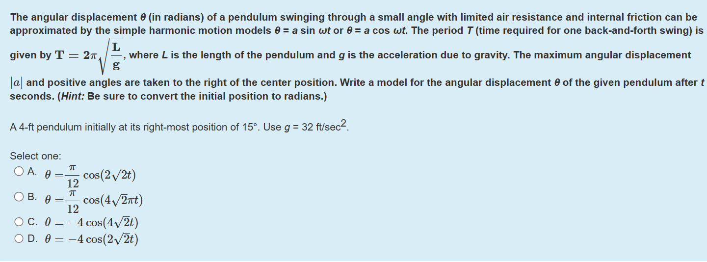 Solved The angular displacement θ (in ﻿radians) of ﻿a | Chegg.com