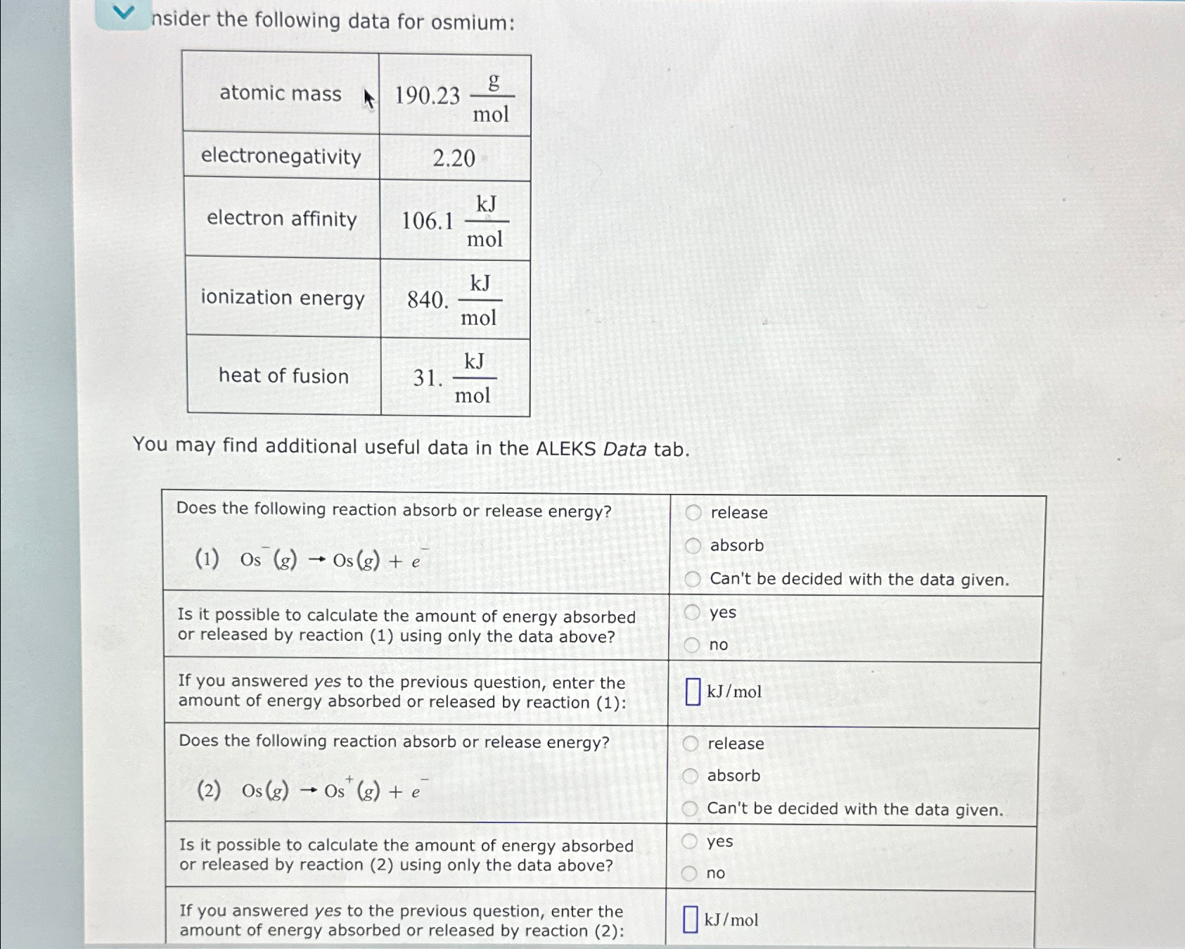 Solved consider the following data for osmium:\table[[atomic | Chegg.com