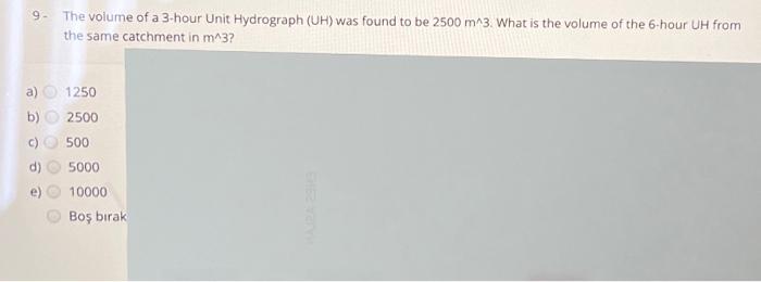 Solved 9- The volume of a 3-hour Unit Hydrograph (UH) was | Chegg.com
