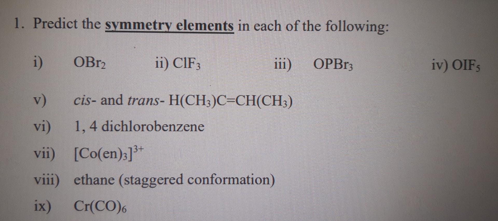 Solved 1. Predict the symmetry elements in each of the | Chegg.com