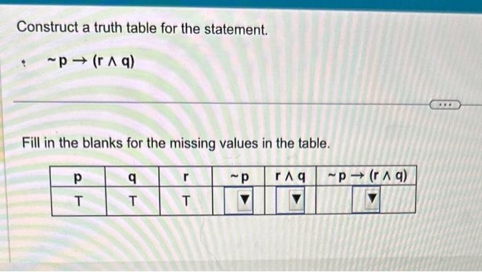 Solved Construct a truth table for the statement. ∼p→(r∧q) | Chegg.com