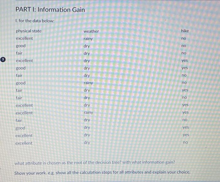 Solved 3 PART 1: Information Gain 1. for the data below: | Chegg.com