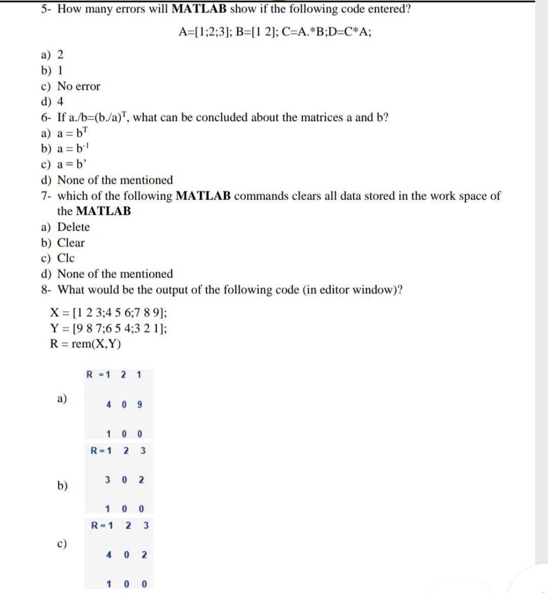 Solved 5. How many errors will MATLAB show if the following | Chegg.com