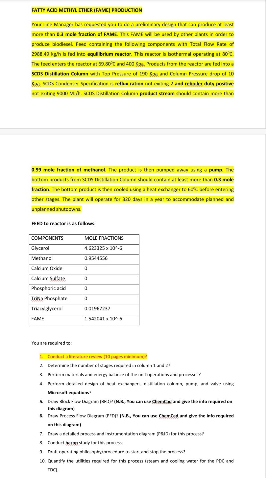 FATTY ACID METHYL ETHER (FAME) PRODUCTION Your Line | Chegg.com