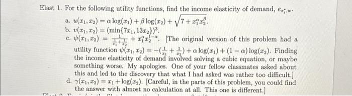 Elast 1. For the following utility functions, find | Chegg.com
