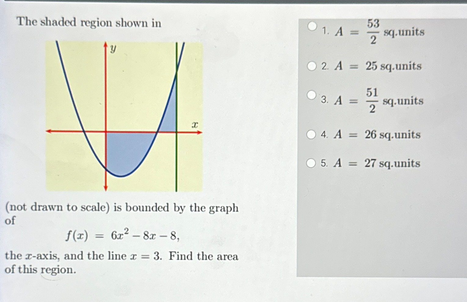 Solved The shaded region shown in2. A=25 ﻿sq.units3. A=512 | Chegg.com