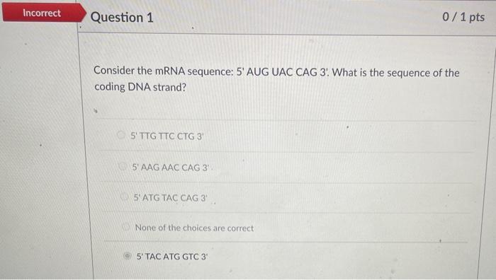 Solved Consider the mRNA sequence: 5' AUG UAC CAG 3'. What | Chegg.com
