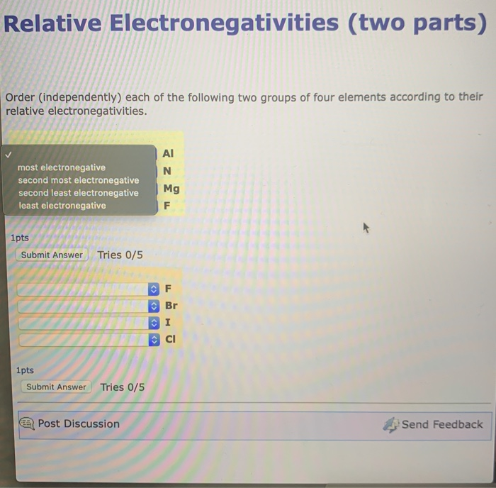 Solved Relative Electronegativities (two parts) Order | Chegg.com