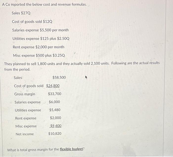 Solved A Co reported the below cost and revenue formulas. | Chegg.com
