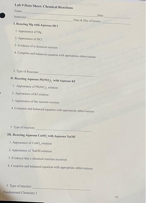 Solved Lab 9 Chemical Reactions This lab is practice in | Chegg.com