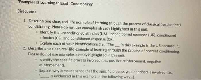 Solved "Examples of Learning through Conditioning" | Chegg.com