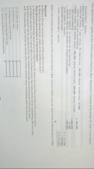 Solved The stockholders' equity section of the balance sheet | Chegg.com