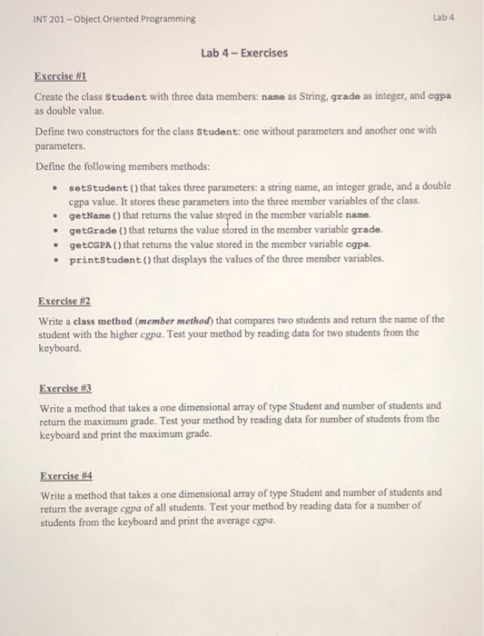 Solved INT 201 - Object Oriented Programming Lab 4 Lab 4 - | Chegg.com
