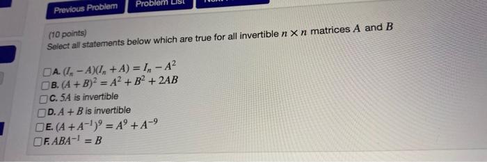 Solved Problem Lisi Previous Problem 10 Points Select All