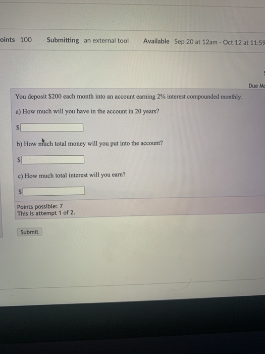 Solved oints 100 Submitting an external tool Available Sep | Chegg.com