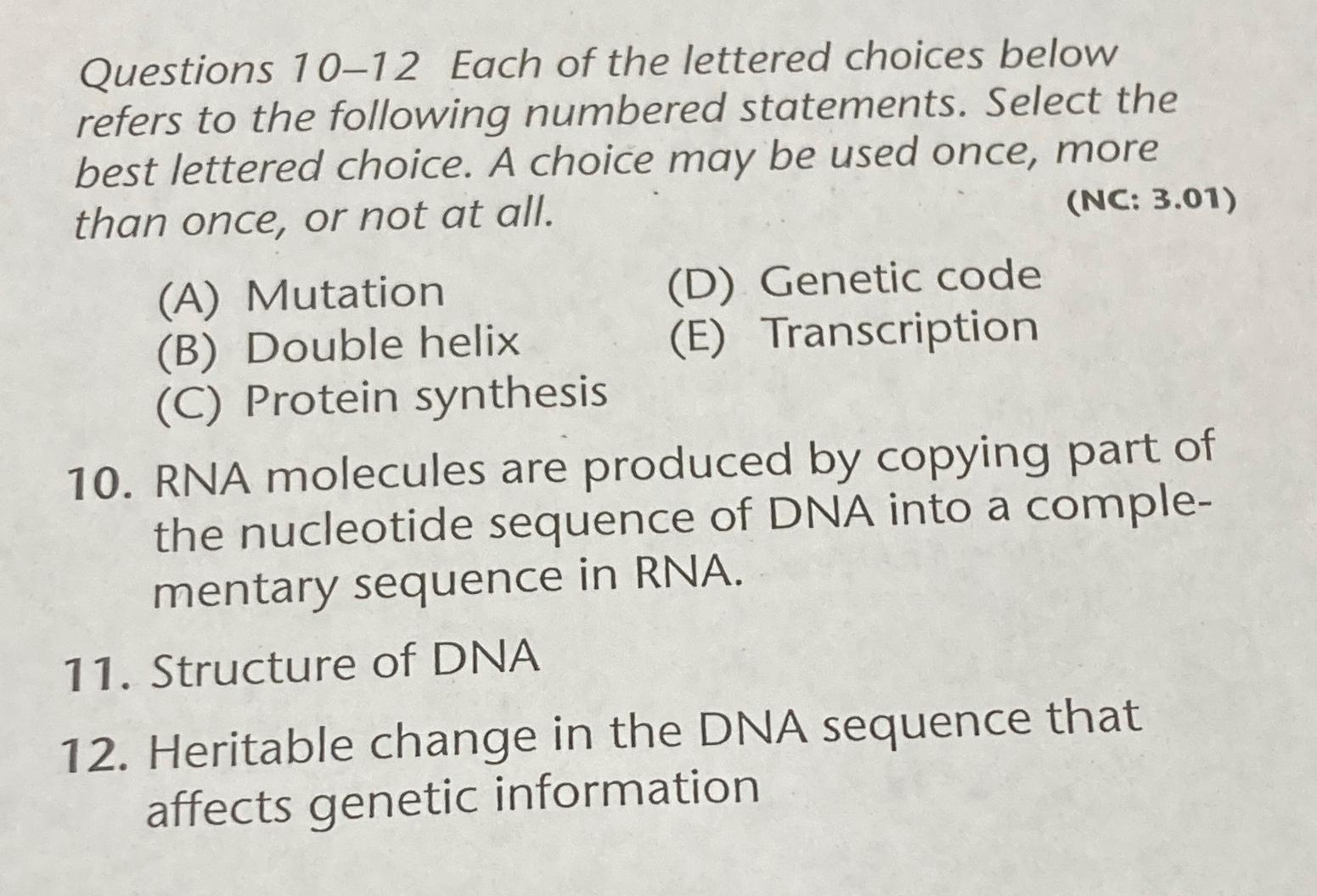 Solved Questions 10-12 ﻿Each of the lettered choices below | Chegg.com