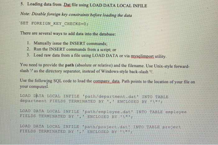 5. Loading data from Dat file using LOAD DATA LOCAL | Chegg.com